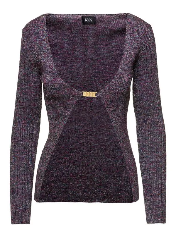 Gcds Glittered V-neck Cardigan With Logo Clasp - Black