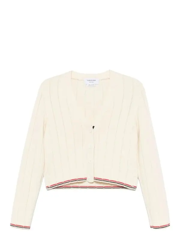 Thom Browne V-neck Long Sleeve Ribbed Knit Cardigan - White
