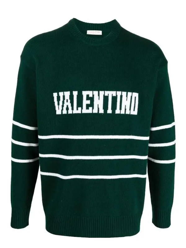 Valentino Garavani Logo Stripe Crew Neck Sweater - Green