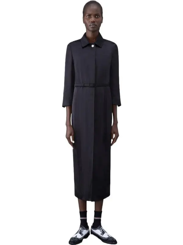 Thom Browne Midi Shirt Dress With Belt And Signature Striping - Black