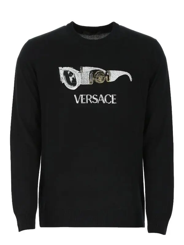 Versace Logo Print Crew Neck Long Sleeve Sweater - Black