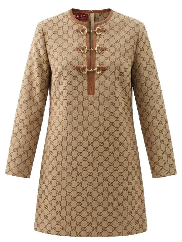 Gucci Monogrammed Long-sleeve Mini Dress - Camel And Dark Brown