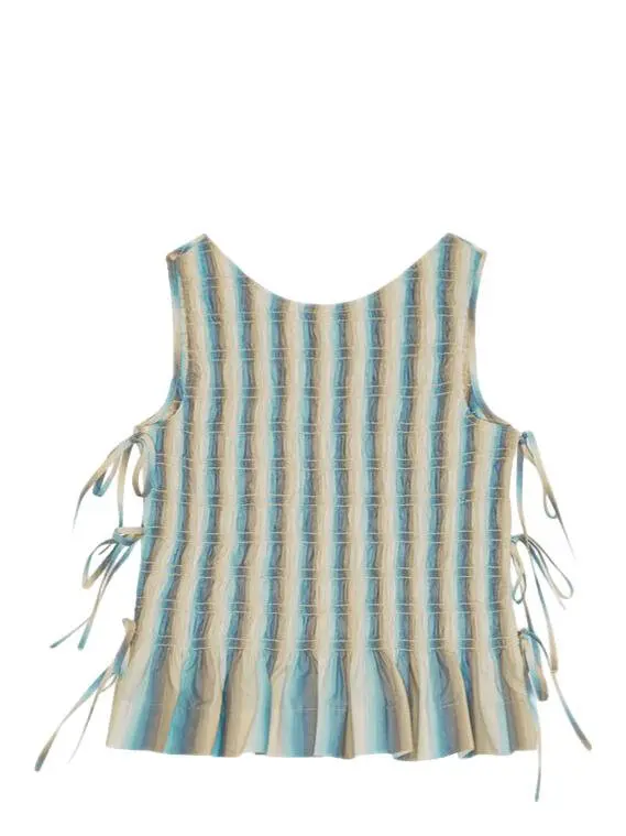 GANNI Ombre Striped Smocked Tie Top - Nude