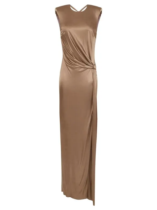 Elisabetta Franchi Sleeveless Open Back Gown With Golden Crescent Detail - Argilla