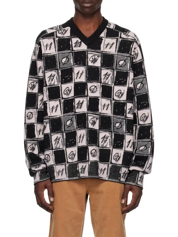 We11Done Ribbed Jacquard Logo V-neck Sweater - Black