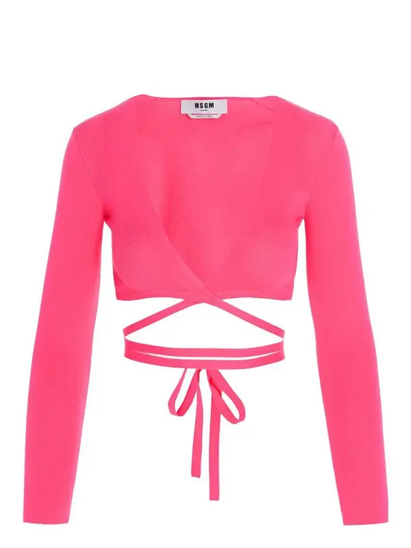 MSGM Cropped V-neck Knit Top With Tie Detail - Pink