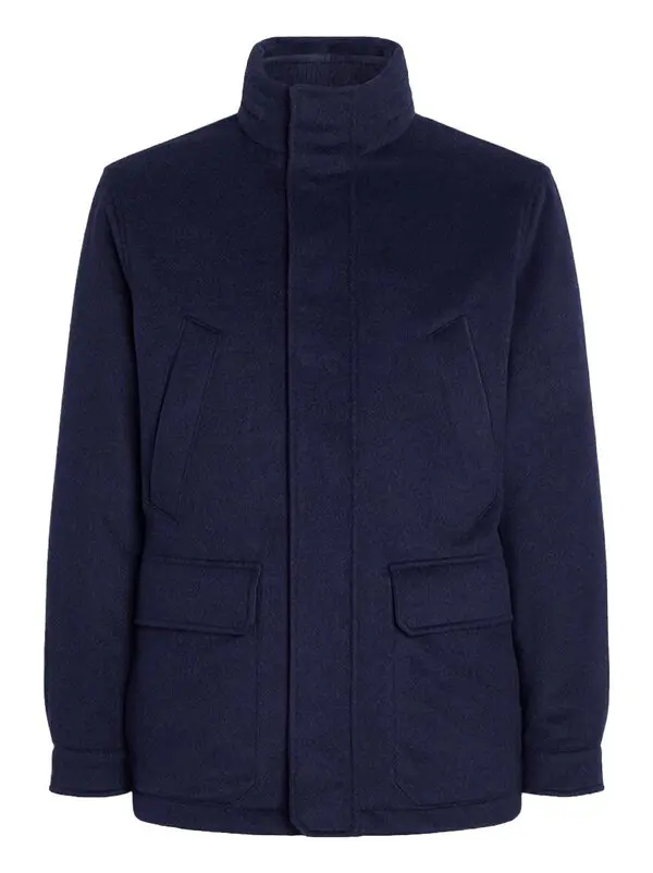 Zegna Long-sleeved Cotton Coat With Stand-up Collar - Navy