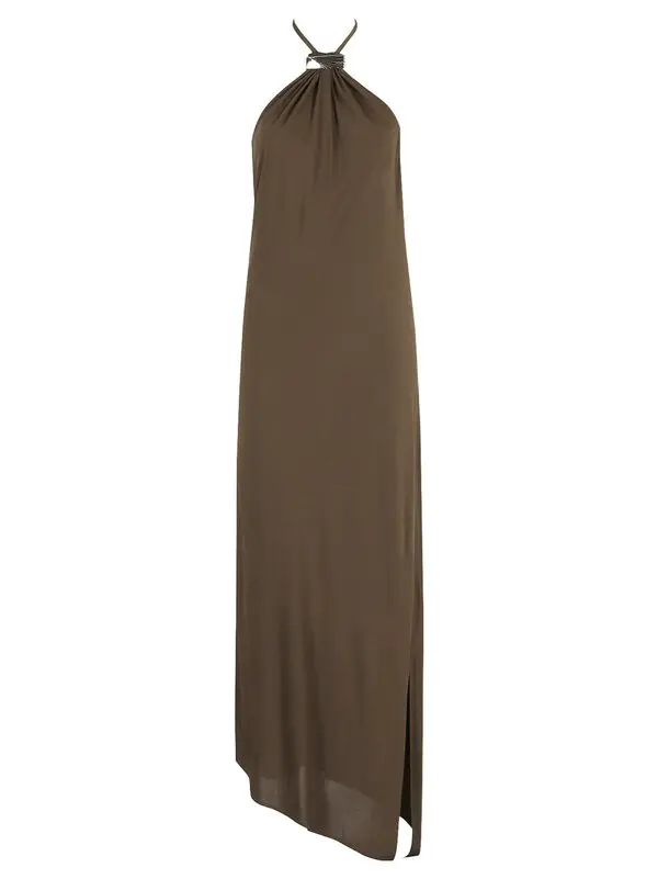 Attico Halterneck Maxi Dress With Open Back And Designer Hardware - Brown