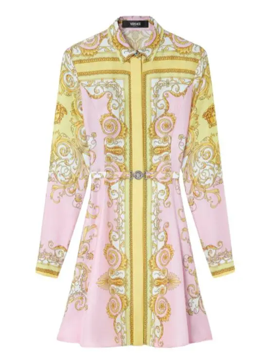 Versace Spring Baroque Print Mini Shirt Dress - Yellow/pink