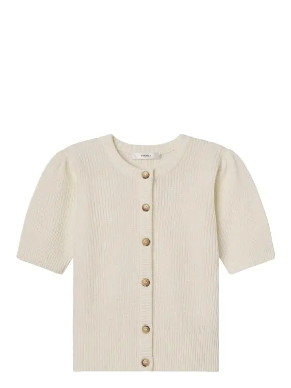 FRAME Ribbed Puff Sleeve Cardigan - Crea