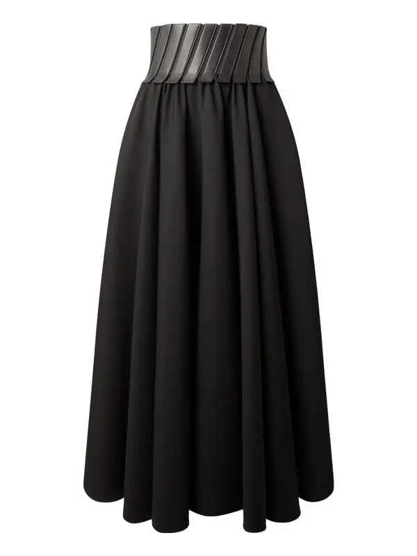 Alaïa Leather-trimmed Wool-gabardine Midi Skirt - Black