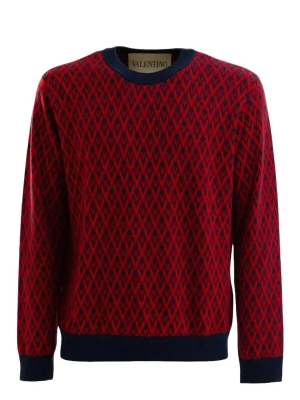 Valentino Garavani Crew Neck Wool Jumper With Geometric Jacquard Pattern - Red