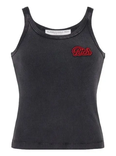 Alessandra Rich Sleeveless Ribbed Logo Tank Top - Black