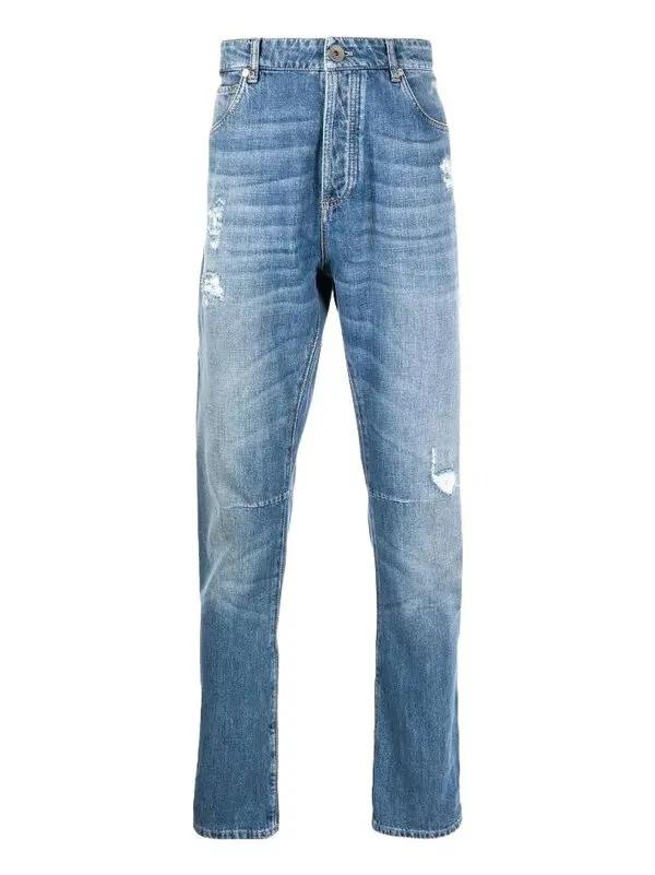 Brunello Cucinelli Distressed Logo Embroidered Jeans - Blue