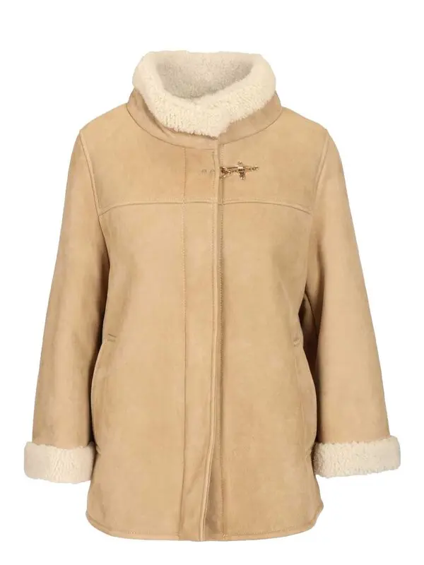 FAY Stand Collar Leather Jacket With Three-quarter Sleeves - Nude