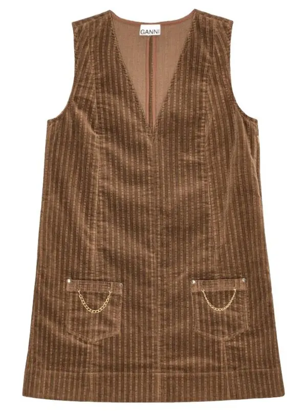 GANNI Corduroy Mini Dress With Chain Detail - Brown