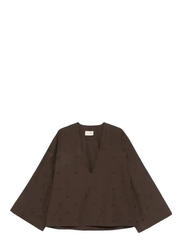 Attico Embroidered V-neck Long Sleeve Blouse - Brown