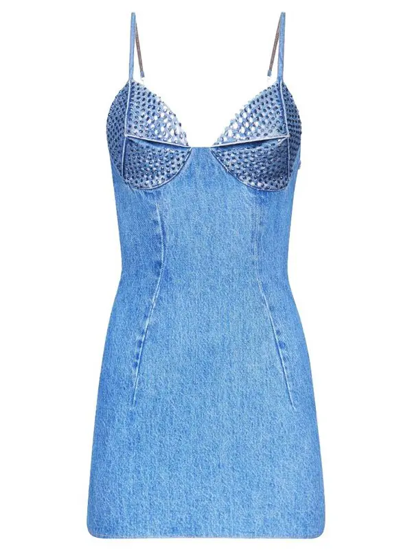 AREA Embellished Denim Mini Dress - Blue