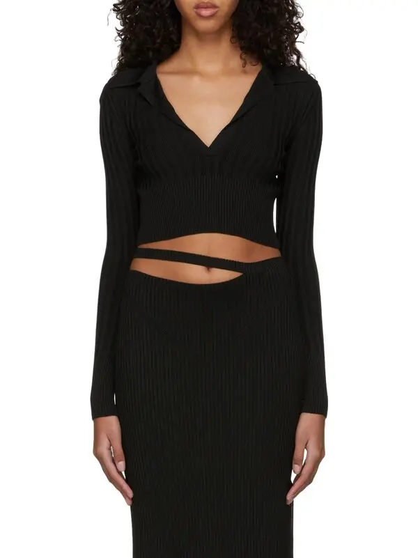 Anna October Ribbed V-neck Long Sleeve Crop T-shirt - Black