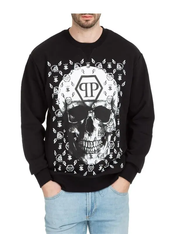 Philipp Plein Skull Graphic Long Sleeve Pullover Hoodie - Black