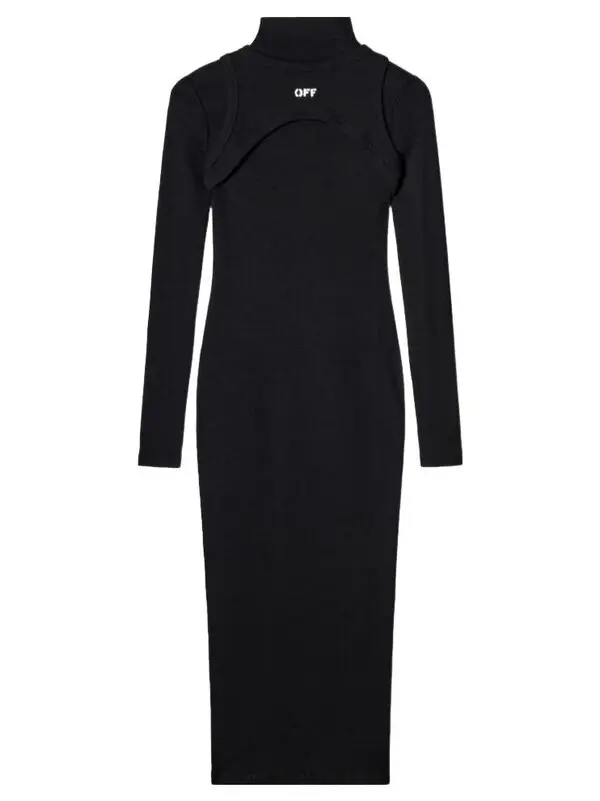 Off-White Ribbed High Neck Logo Long Sleeve Midi Dress - Black