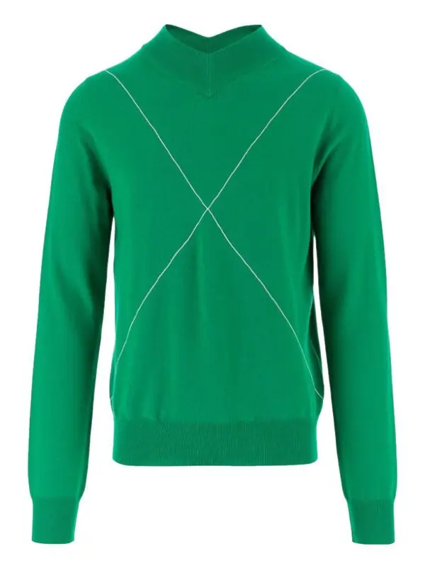 Bottega Veneta V-neck Knitted Jumper With Contrast Stitching - Green
