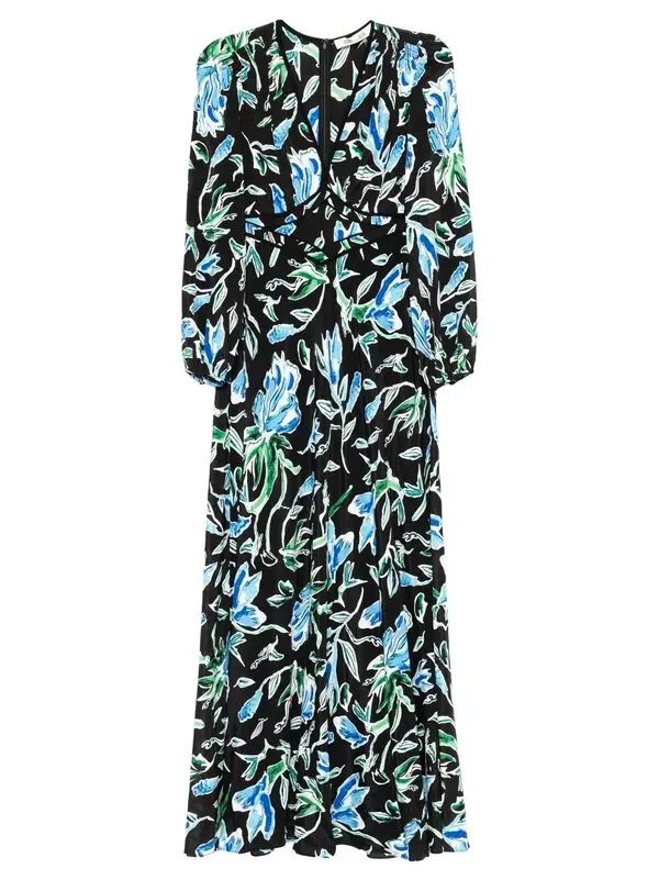 Diane Von Furstenberg Floral Print Maxi Dress With V-neck And Bubble Sleeves - Black/multicolor