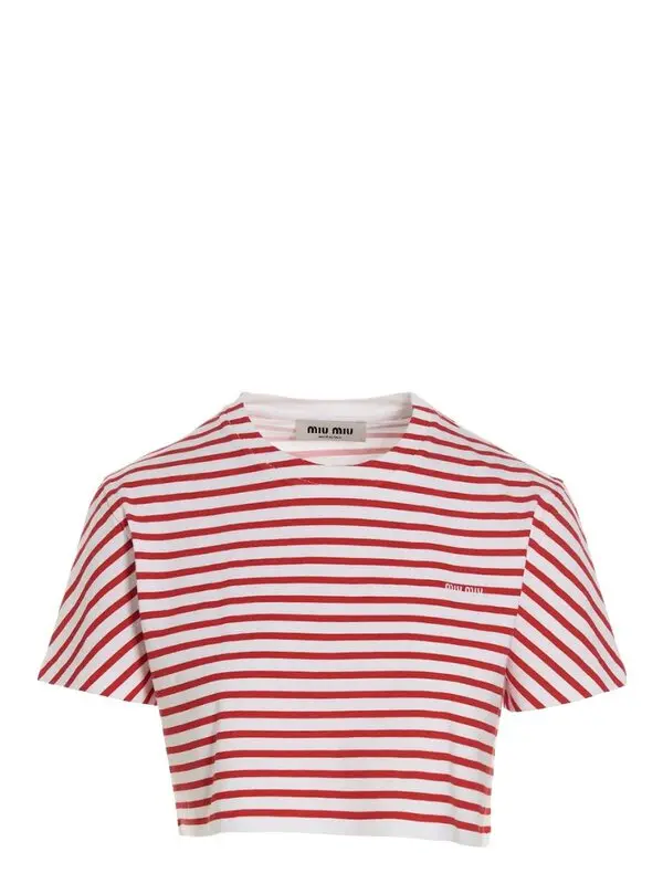 Miu Miu Striped Cropped Cotton T-shirt With Logo - White
