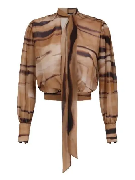 Elisabetta Franchi Printed Chiffon Blouse With Tie Detail - Camel