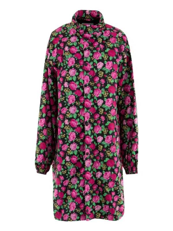 Balenciaga Floral Pattern Hooded Coat - Black