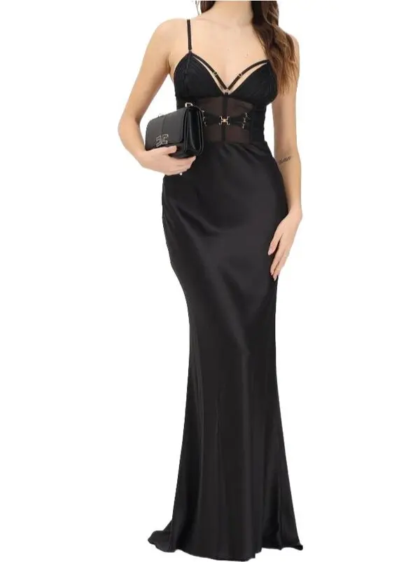 Elisabetta Franchi Strappy Satin Gown With Cutout Detail - Black