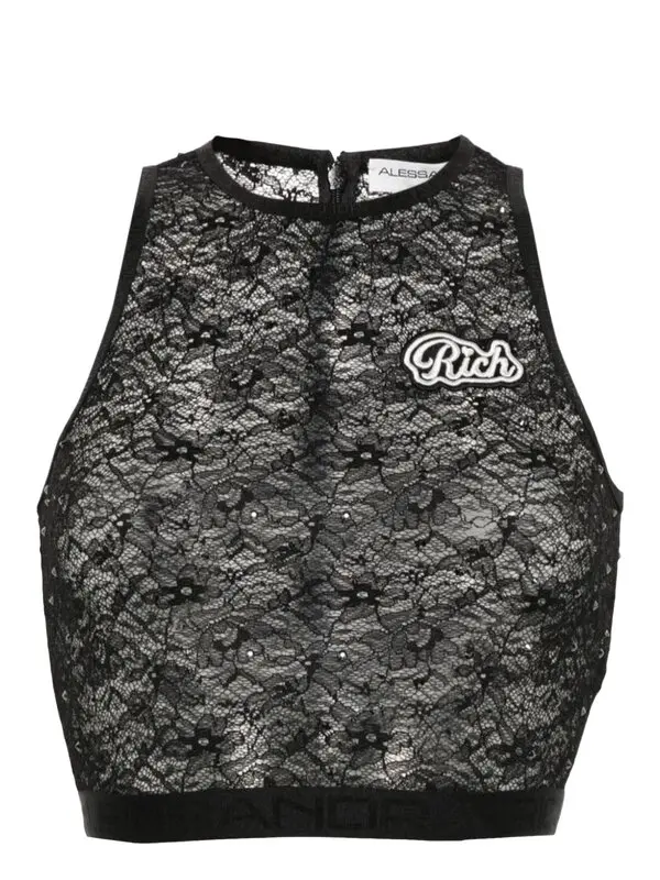 Alessandra Rich Lace Cropped Tank Top - Black