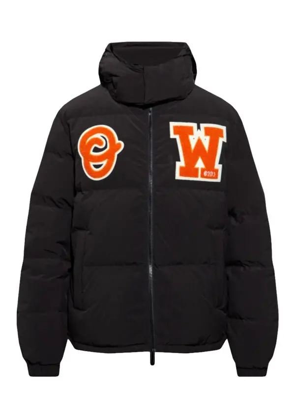 Off-White Zip-up Hooded Puffer Coat With Logo Patches - Black