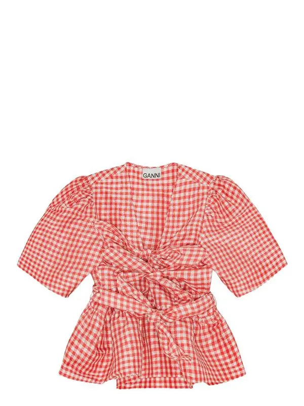 GANNI Crinkled Check Taffeta Blouse - Red