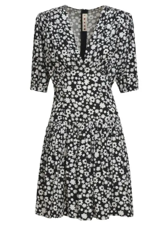Marni Floral Print Satin Dress With Corset Detail - Black
