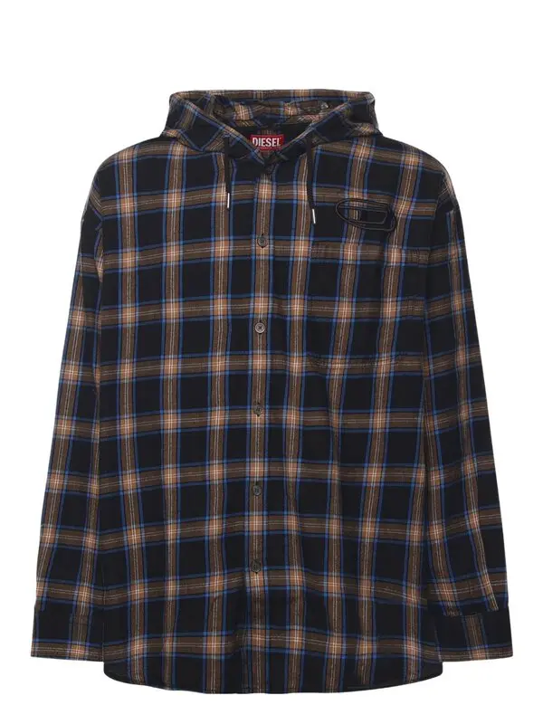 DIESEL® Checked Drawstring Hooded Shirt - Black