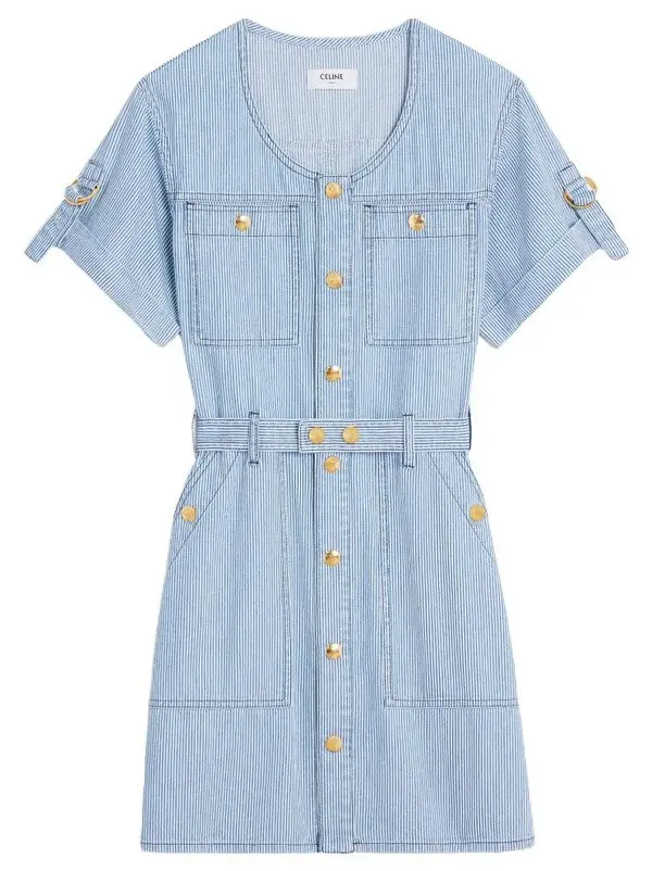 Celine Mini Military Dress In Cotton Hickory With Striped Pattern - Blue