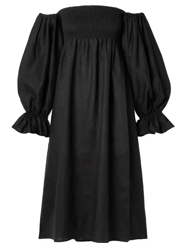 Sleeper Off-the-shoulder Shirred Linen Midi Dress With Balloon Sleeves - Black
