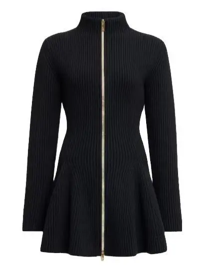 Alaïa Flared Ribbed Knit Zip-up Cardigan With High Collar - Black