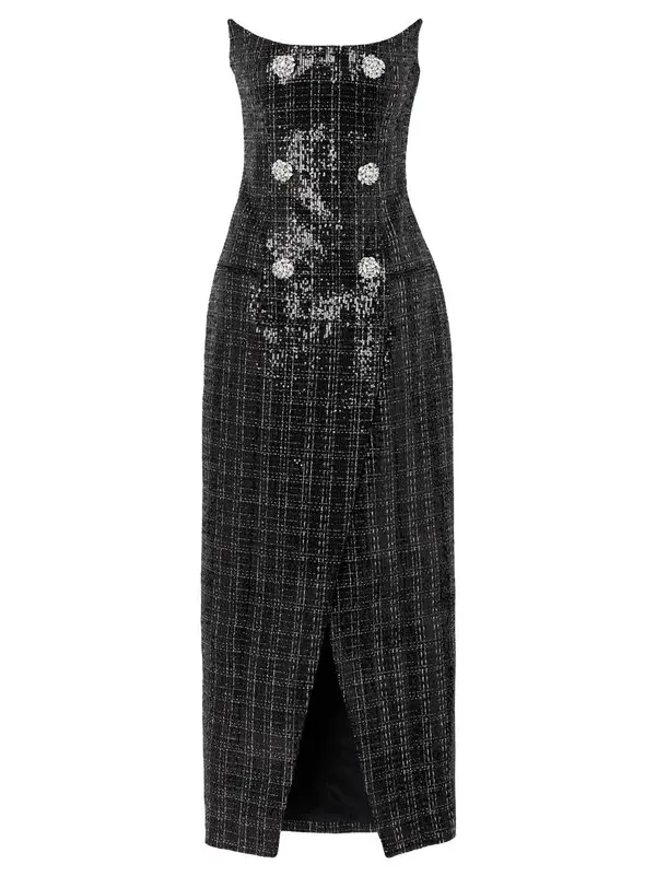 Balmain Embellished Sequinned Strapless Tweed Dress - Black