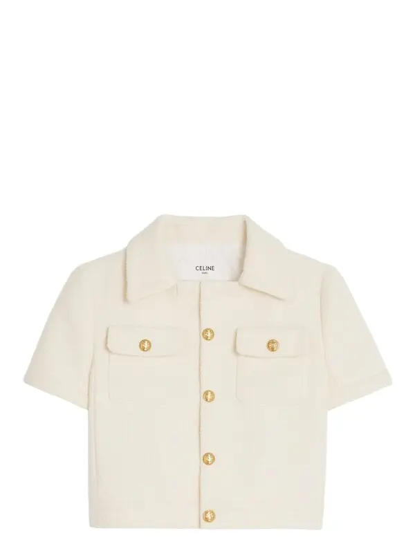 Celine Cropped Tweed Jacket With Blason Buttons - White