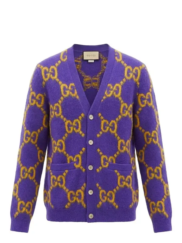 Gucci Gg Intarsia Knit Cardigan - Blue
