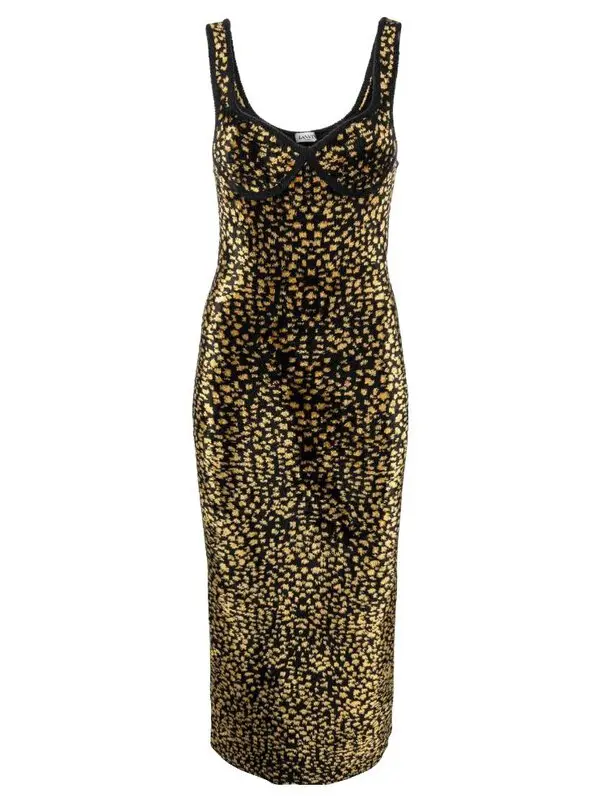 LANVIN Leopard Print Sleeveless Square Neck Dress - Black