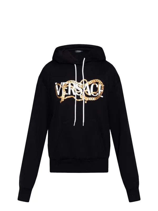 Versace Logo Print Drawstring Hoodie - Black