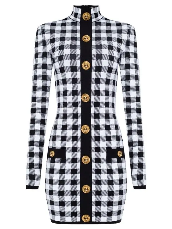 Balmain Gingham Fine Knit Dress - Gray