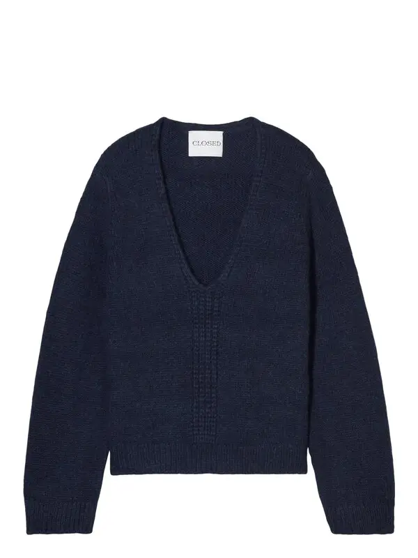 Closed V-neck Rib Knit Cardigan - Black