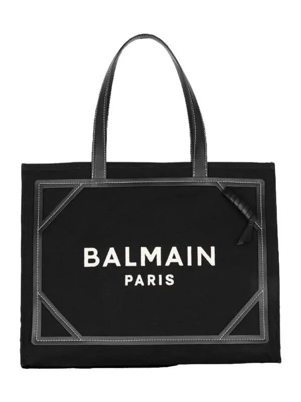 Balmain B-army 42 Monogrammed Canvas And Smooth Leather Tote Bag - Black