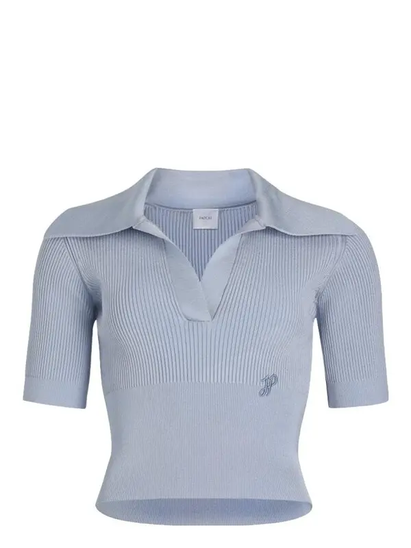 PATOU Ribbed Knit Polo Shirt With Embroidered Monogram - Pearl Blue