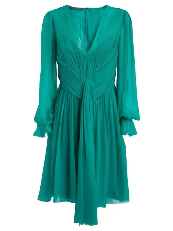 Alberta Ferretti Pleated V-neck Mini Dress - Green