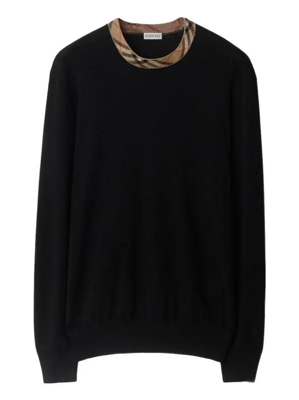 Burberry Crewneck Jumper With Signature Check Trim - Black